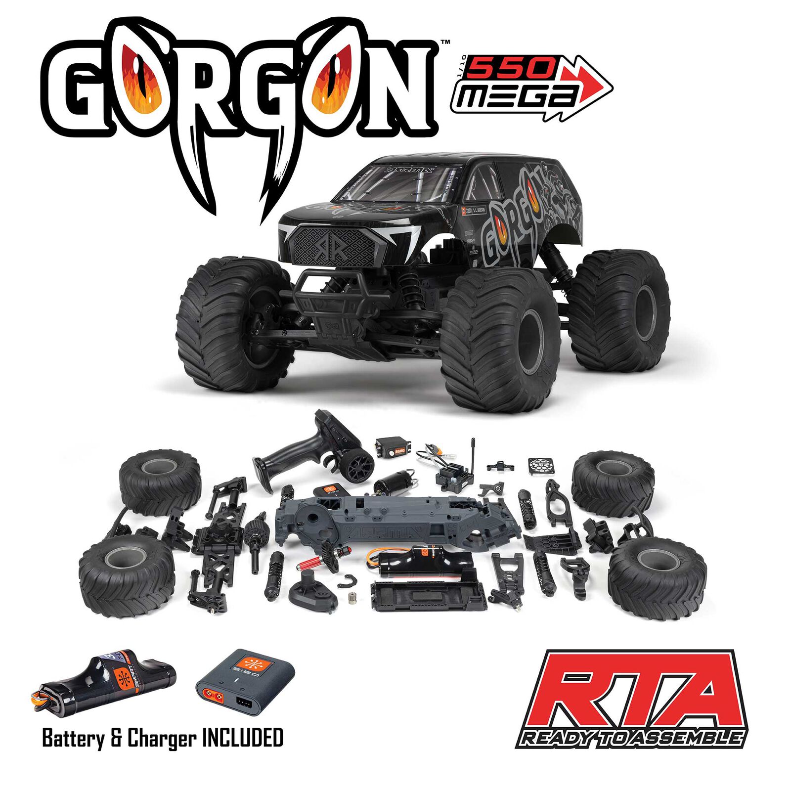 1/10 GORGON 2WD RTA Kit Brushed Monster Truck (Battery & Charger ...